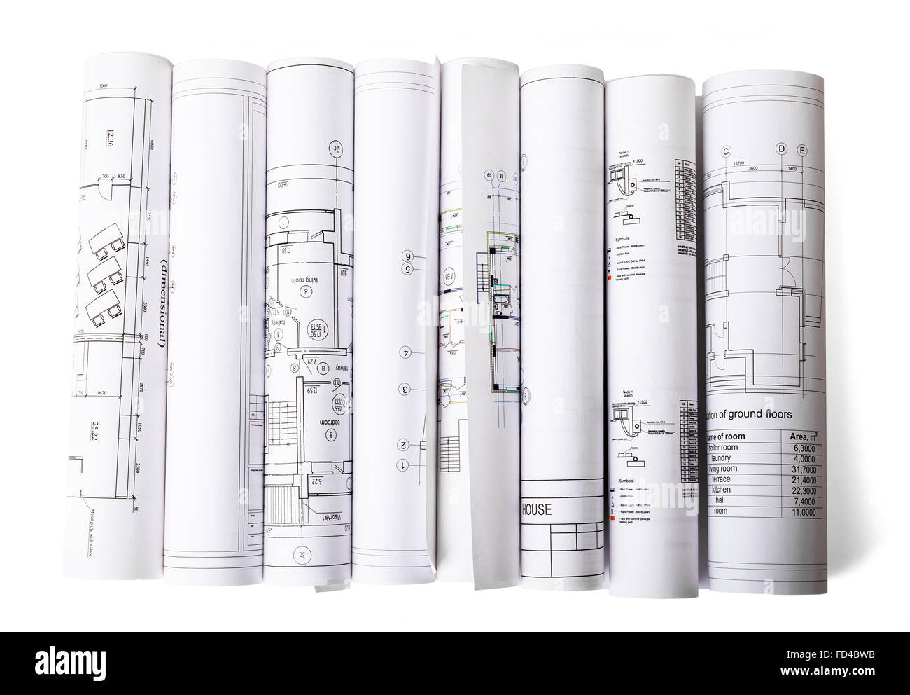 Architectural blueprint rolls on white Stock Photo - Alamy