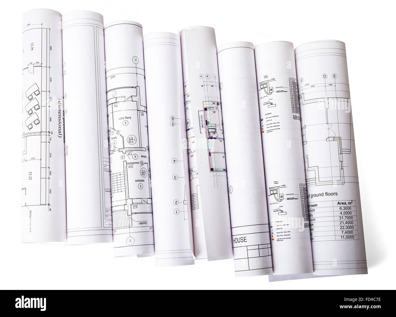 Architectural blueprint rolls on white Stock Photo - Alamy
