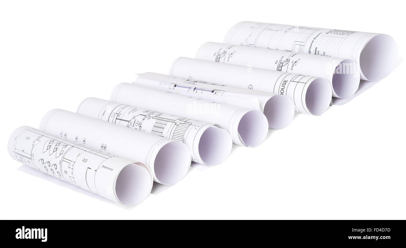 Architectural blueprint rolls on white Stock Photo - Alamy