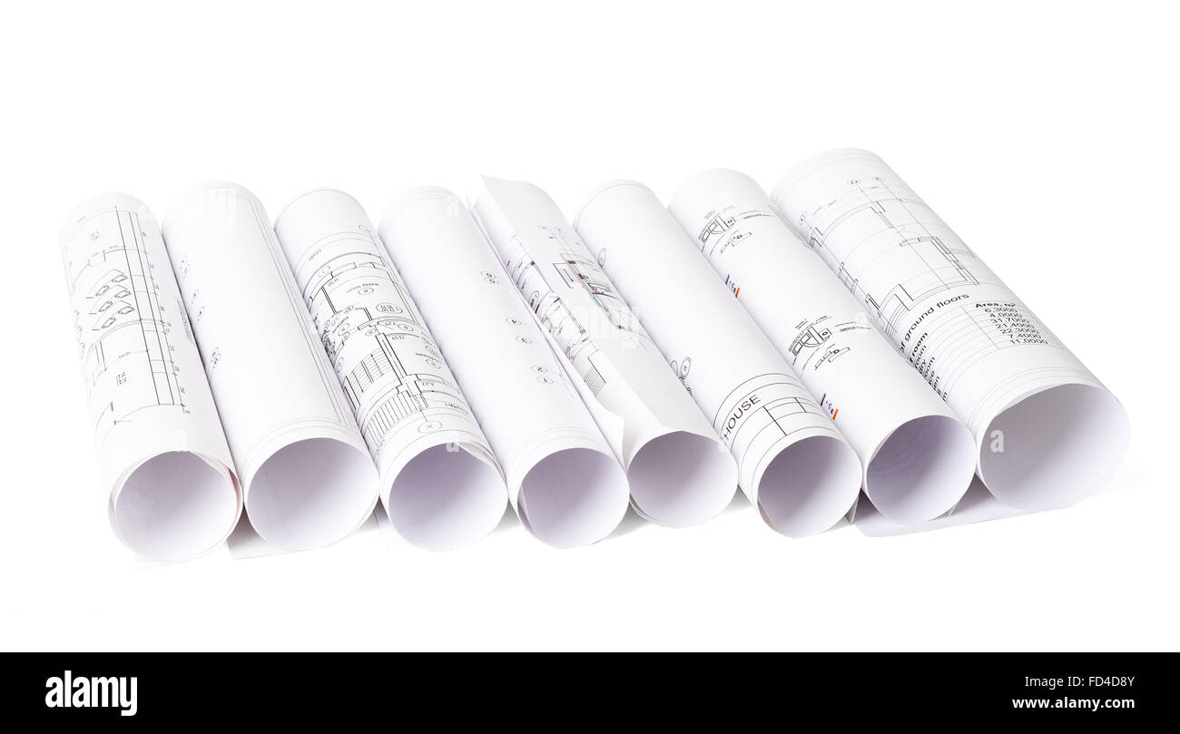Architectural blueprint rolls on white Stock Photo - Alamy