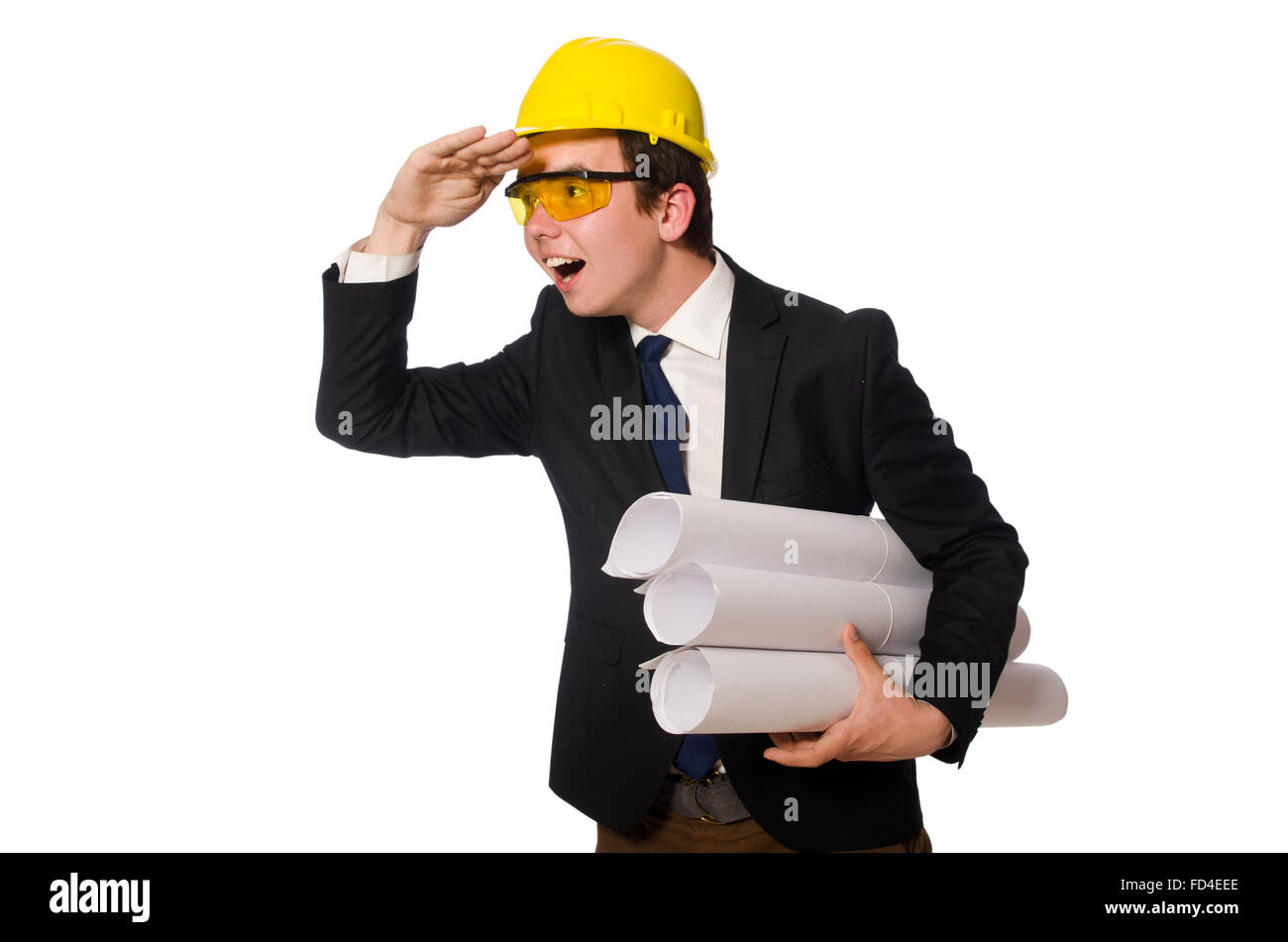 The funny architect with drawings on white Stock Photo - Alamy