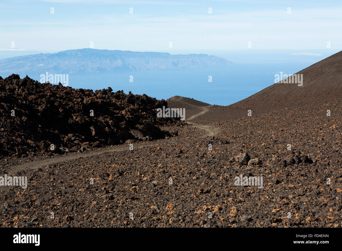 A walking trail snakes through volcanic rock on the Samara Volcano in ...