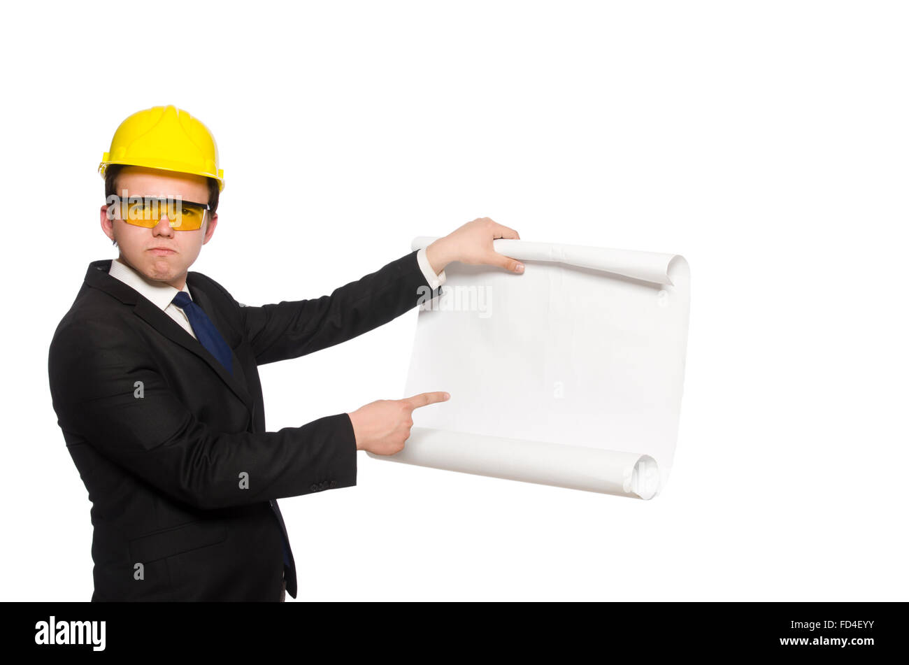 The funny architect with drawings on white Stock Photo - Alamy
