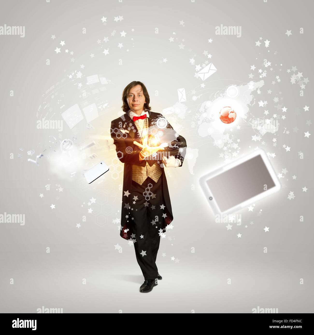 Image of magician with hat and computer devices flying in air Stock ...