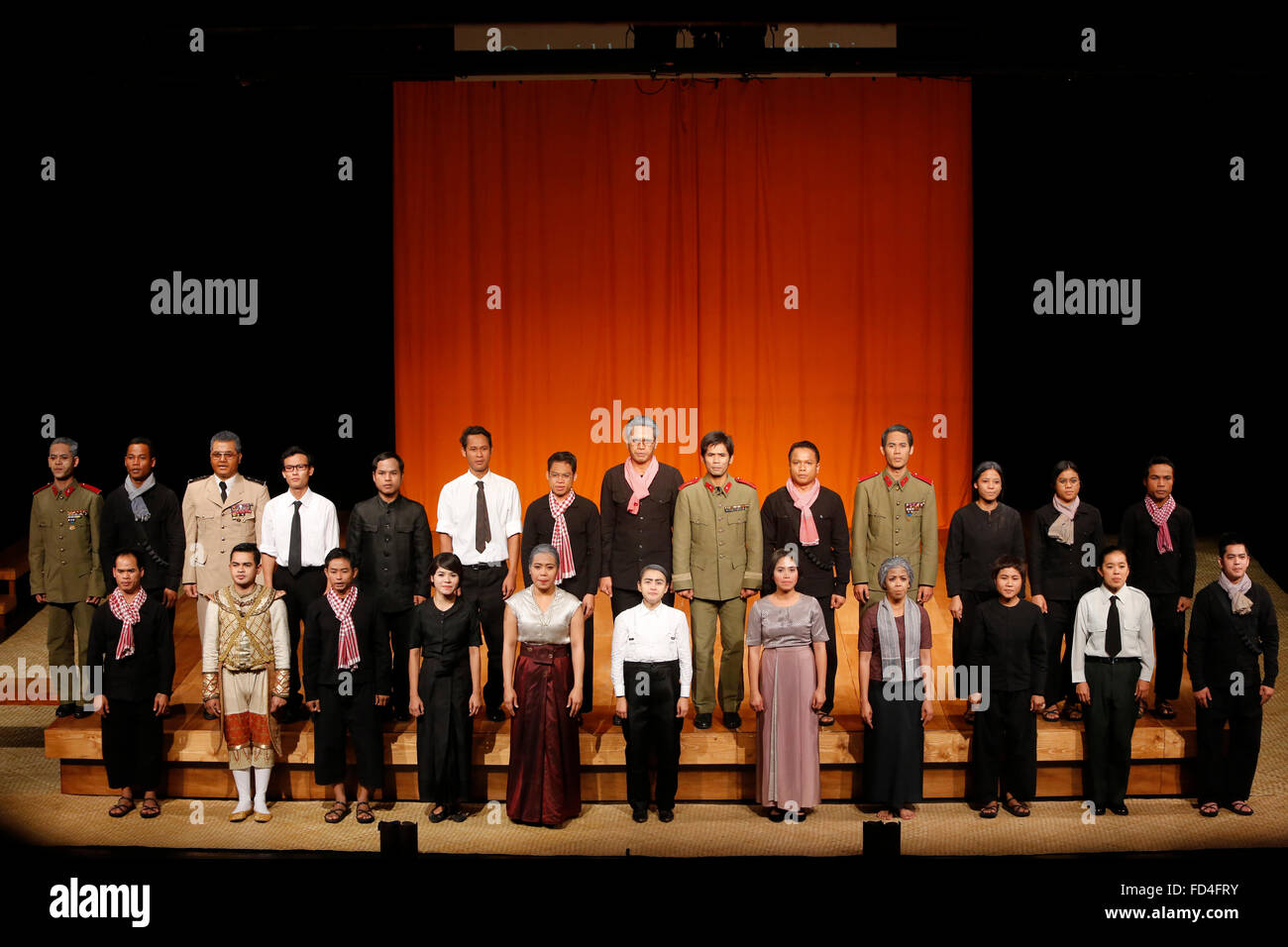 Cambodian actors saluting at the end of a play on King Sihanouk at the ...