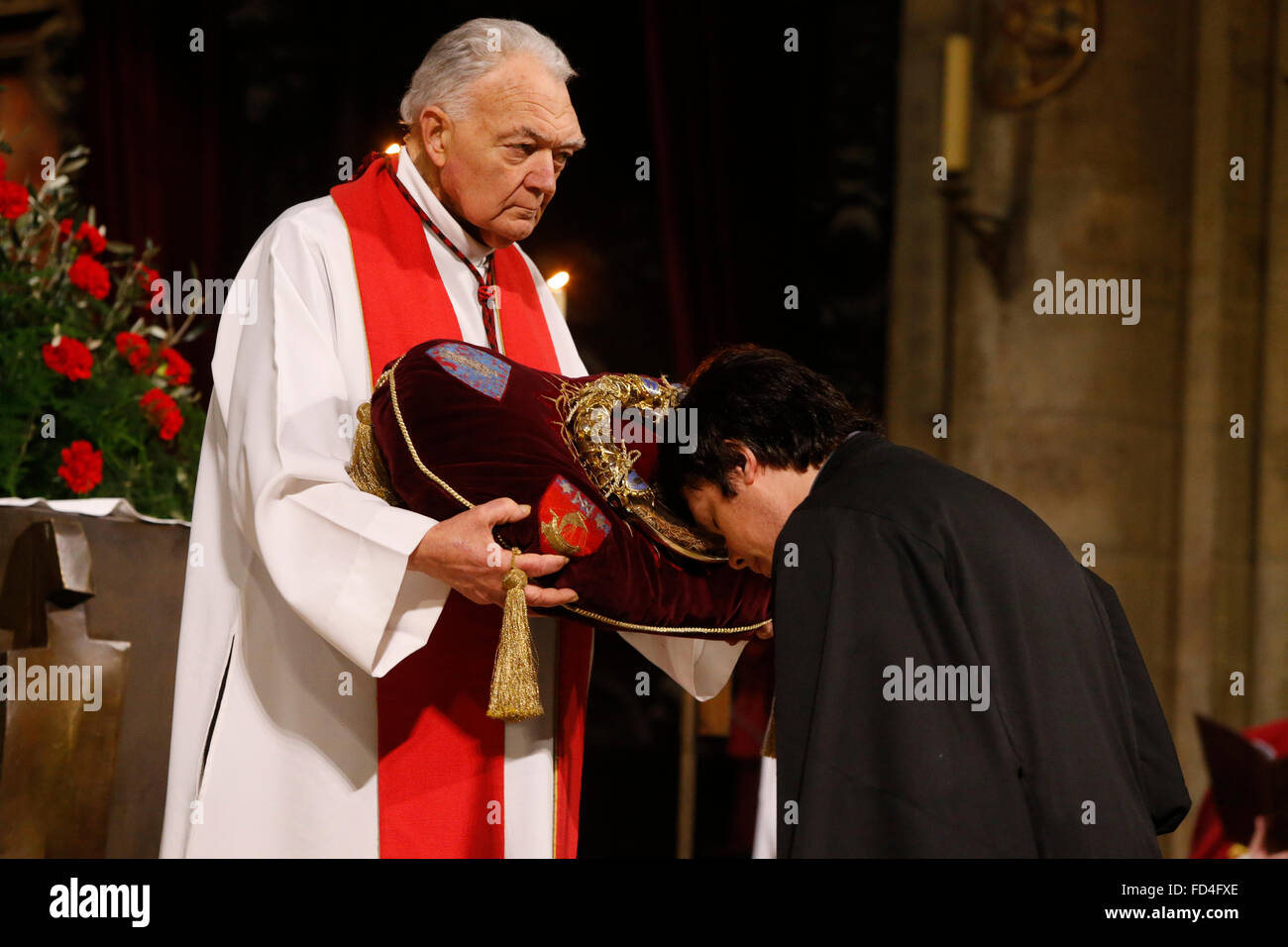 Ecumenical prayer wake in Notre Dame cathedral. Worshiping holy relics ...