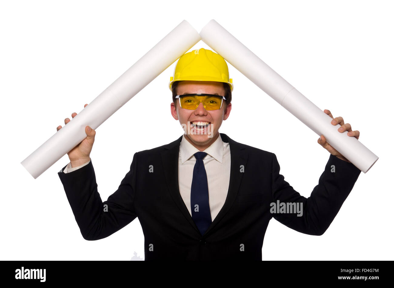 The funny architect with drawings on white Stock Photo - Alamy