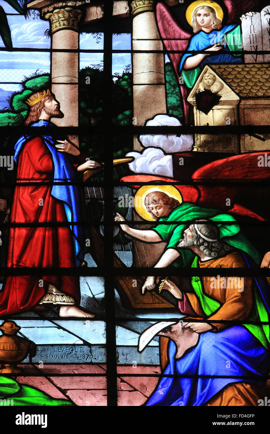Stained glass window. Adoration of David Stock Photo - Alamy