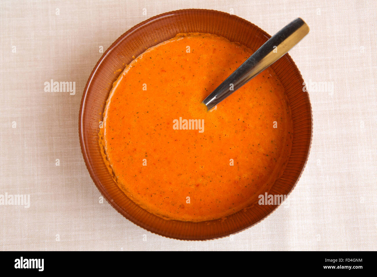 A bowl of spicy mojo rojo sauce served in Tenerife, Spain. The sauce is ...