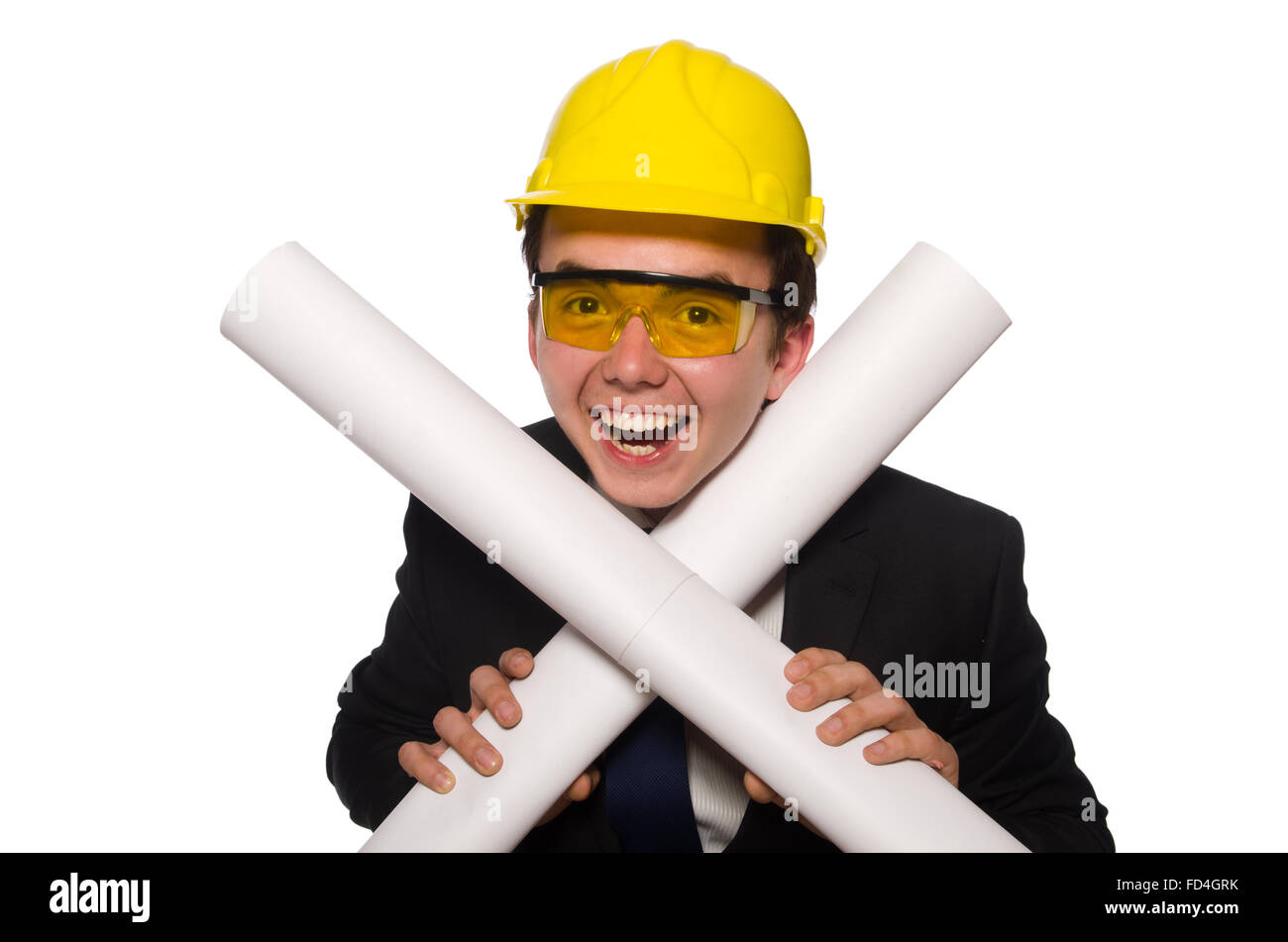 The funny architect with drawings on white Stock Photo - Alamy