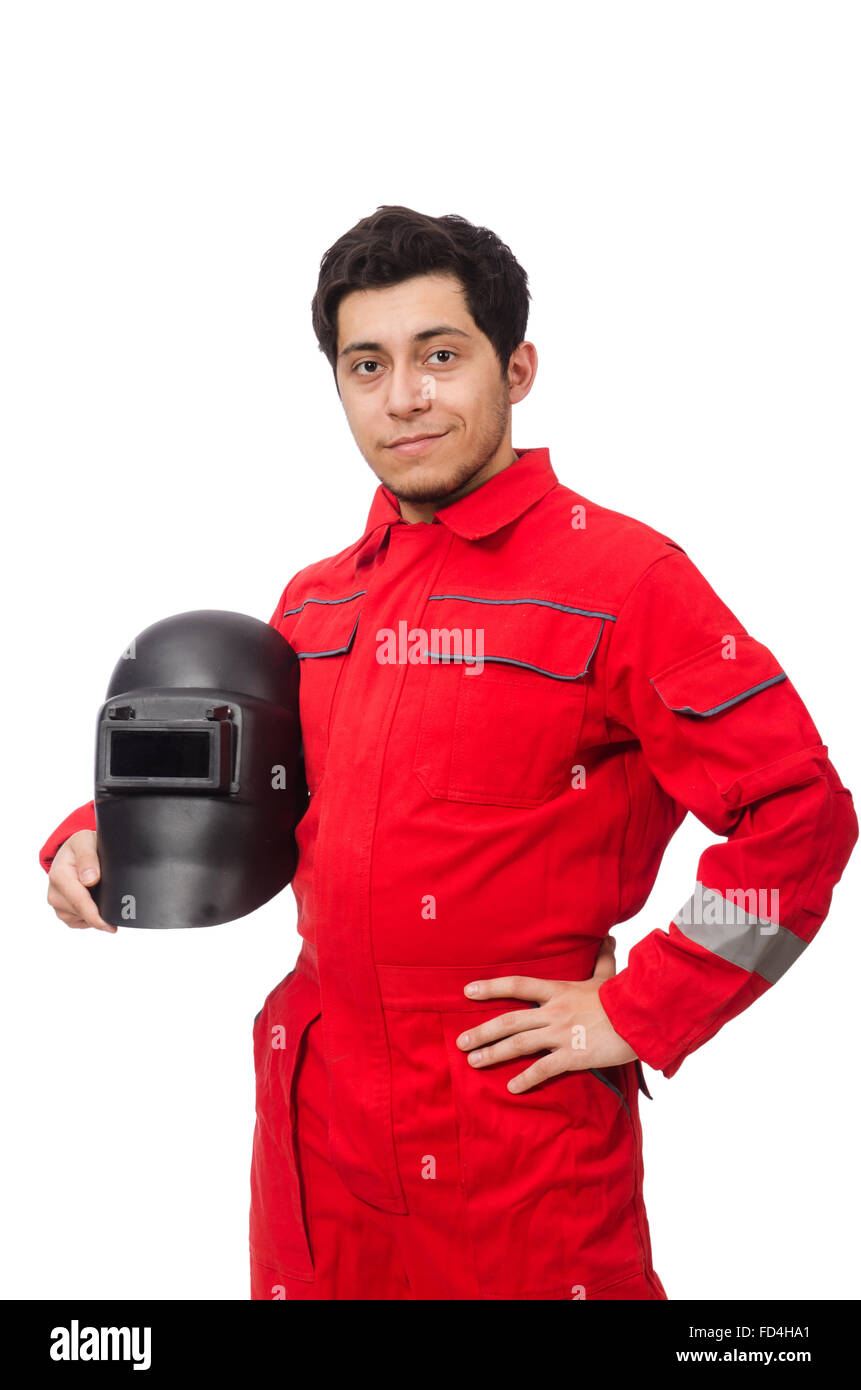 The funny welder isolated on white Stock Photo - Alamy