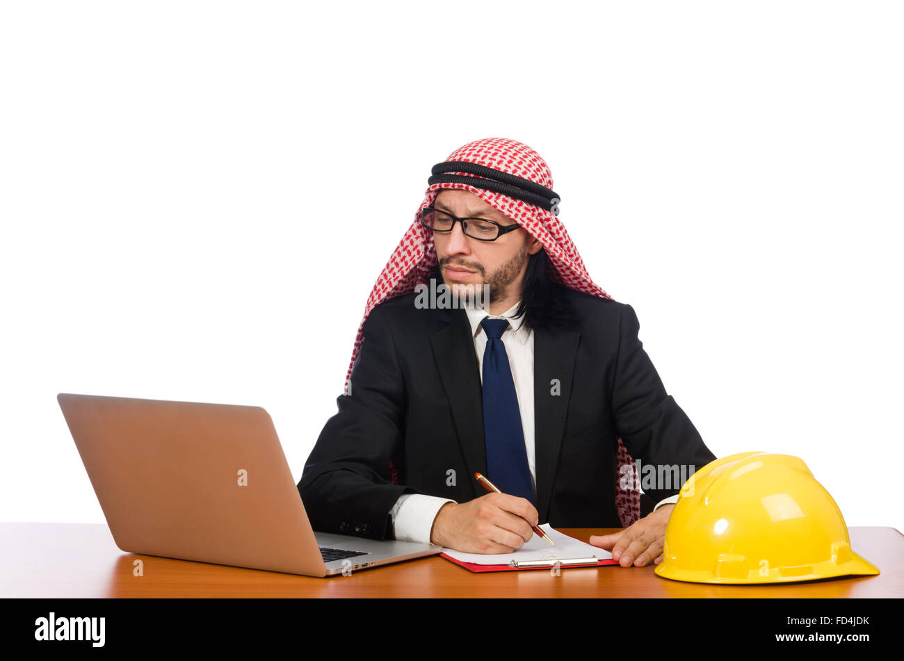 The arab man with computer and hardhat Stock Photo - Alamy