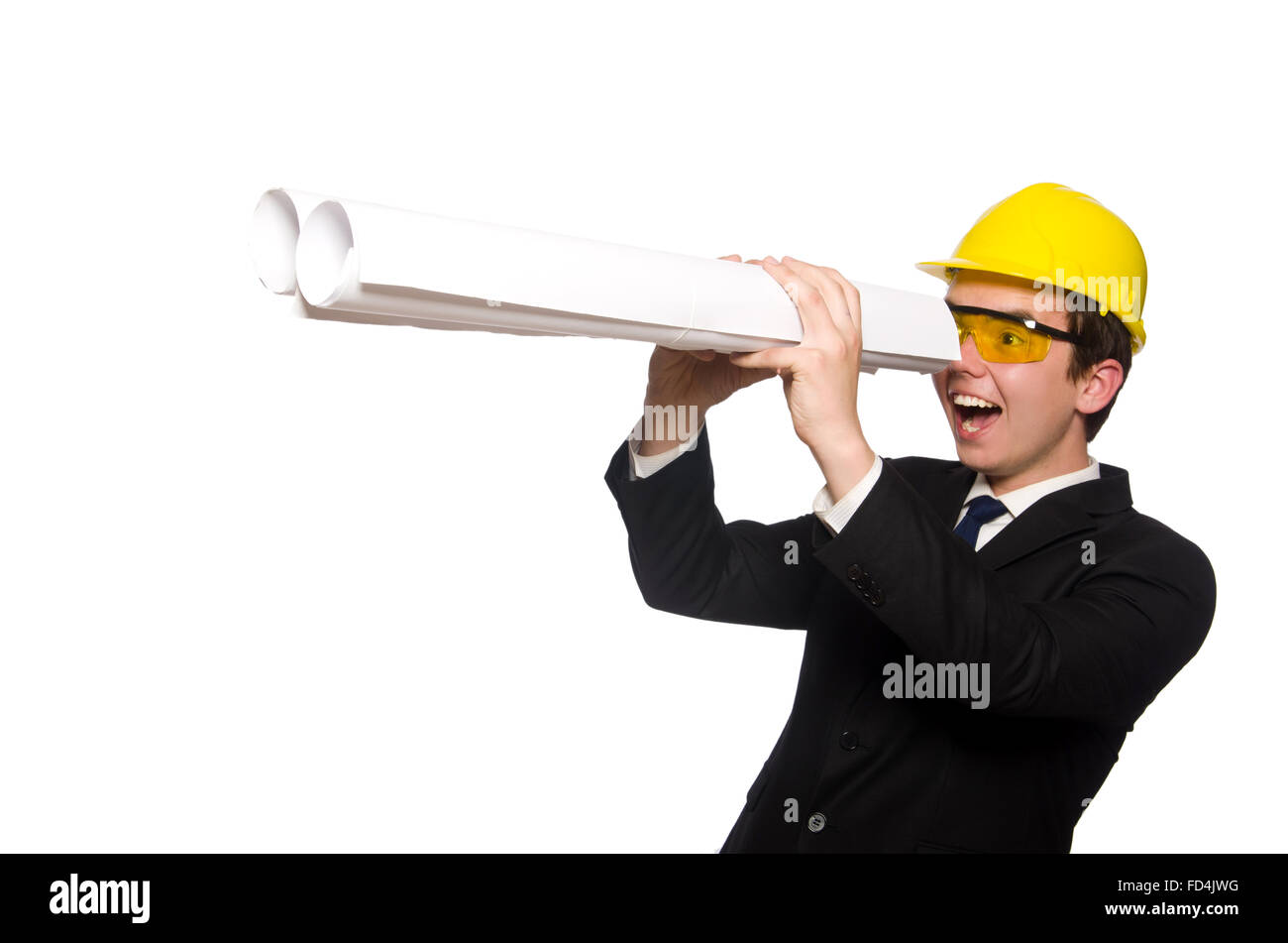 The funny architect with drawings on white Stock Photo - Alamy