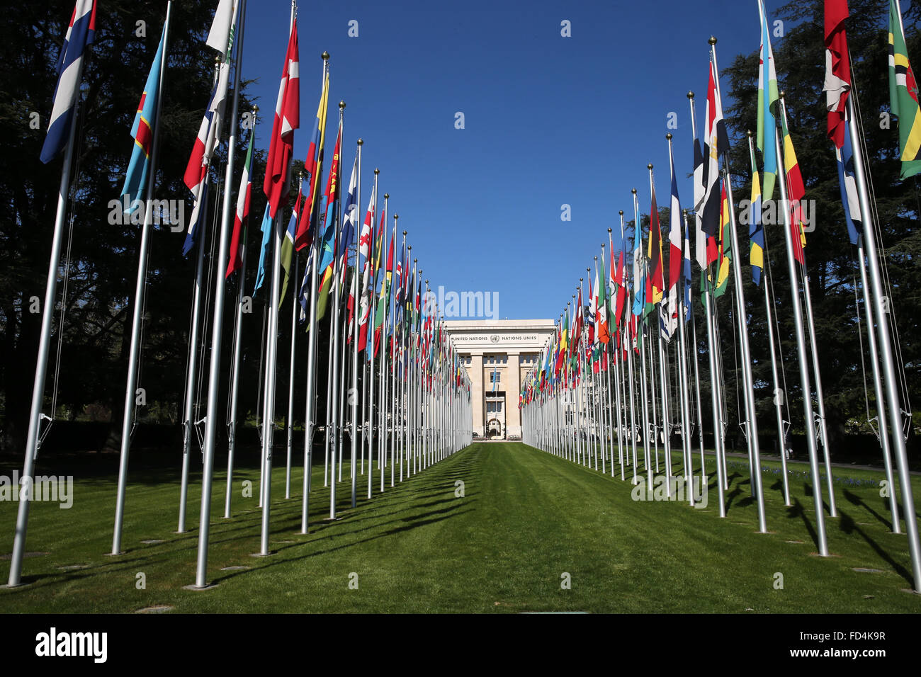 The flag lined approach to the entrance to the United Nations ...