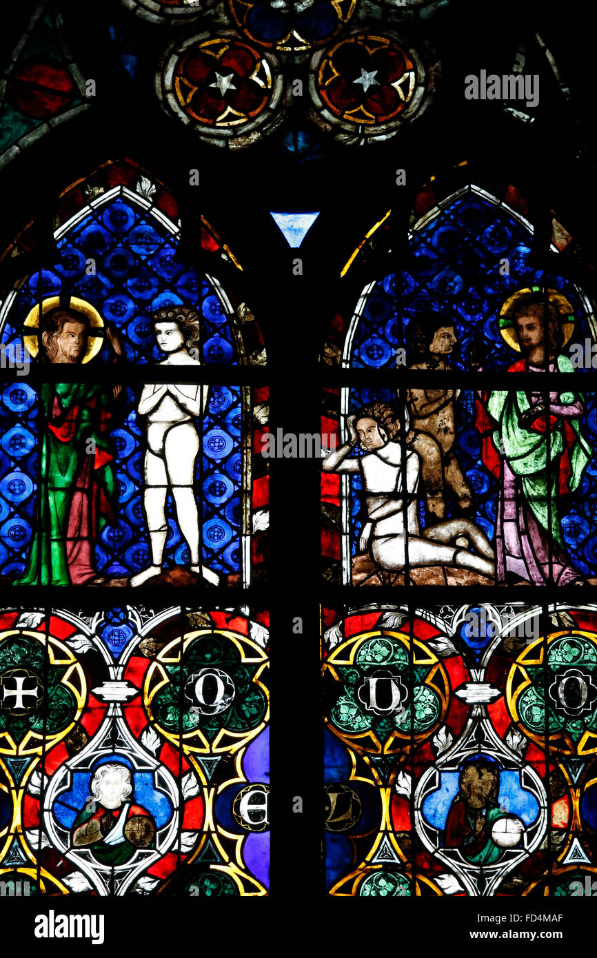 Our Lady of Strasbourg Cathedral. Stained glass window. The Genesis : Adam and Eve Stock Photo ...