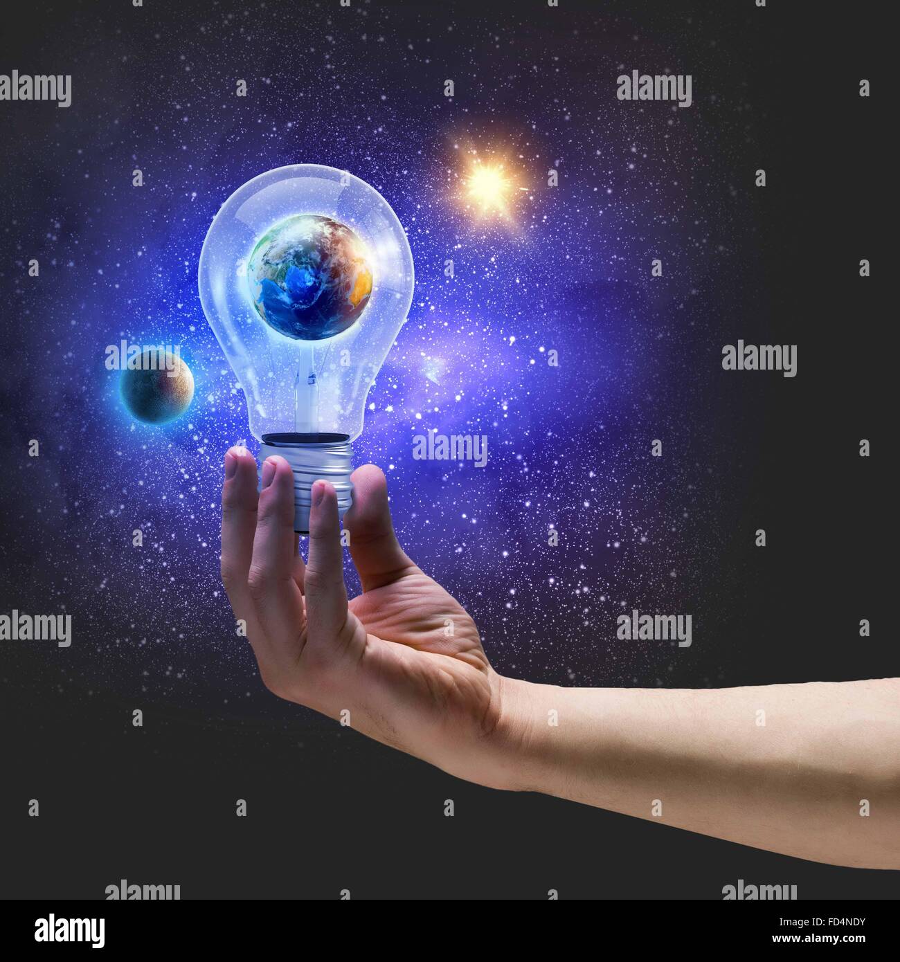 Image of human hand holding bulb with earth planet inside. Elements of ...