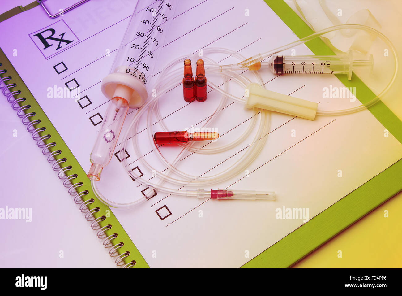 Medical supplies on medical patient chart background Stock Photo - Alamy