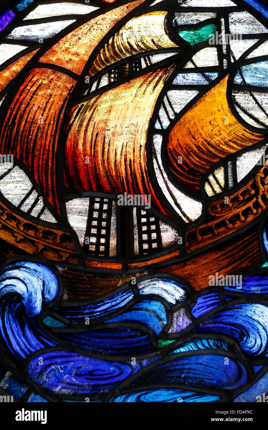 Stained glass window. Ship Stock Photo - Alamy