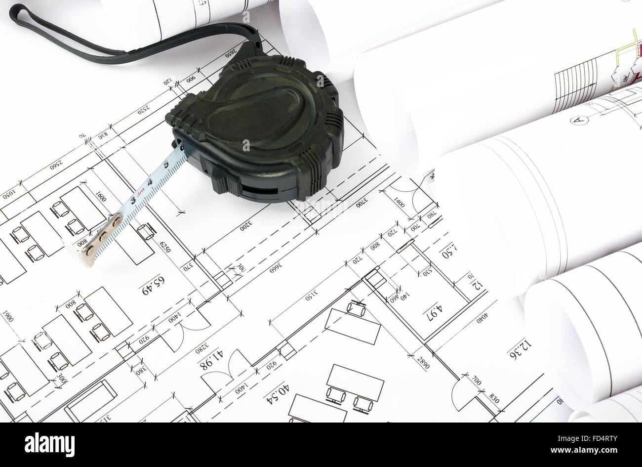 Tape measure on blueprint Stock Photo - Alamy