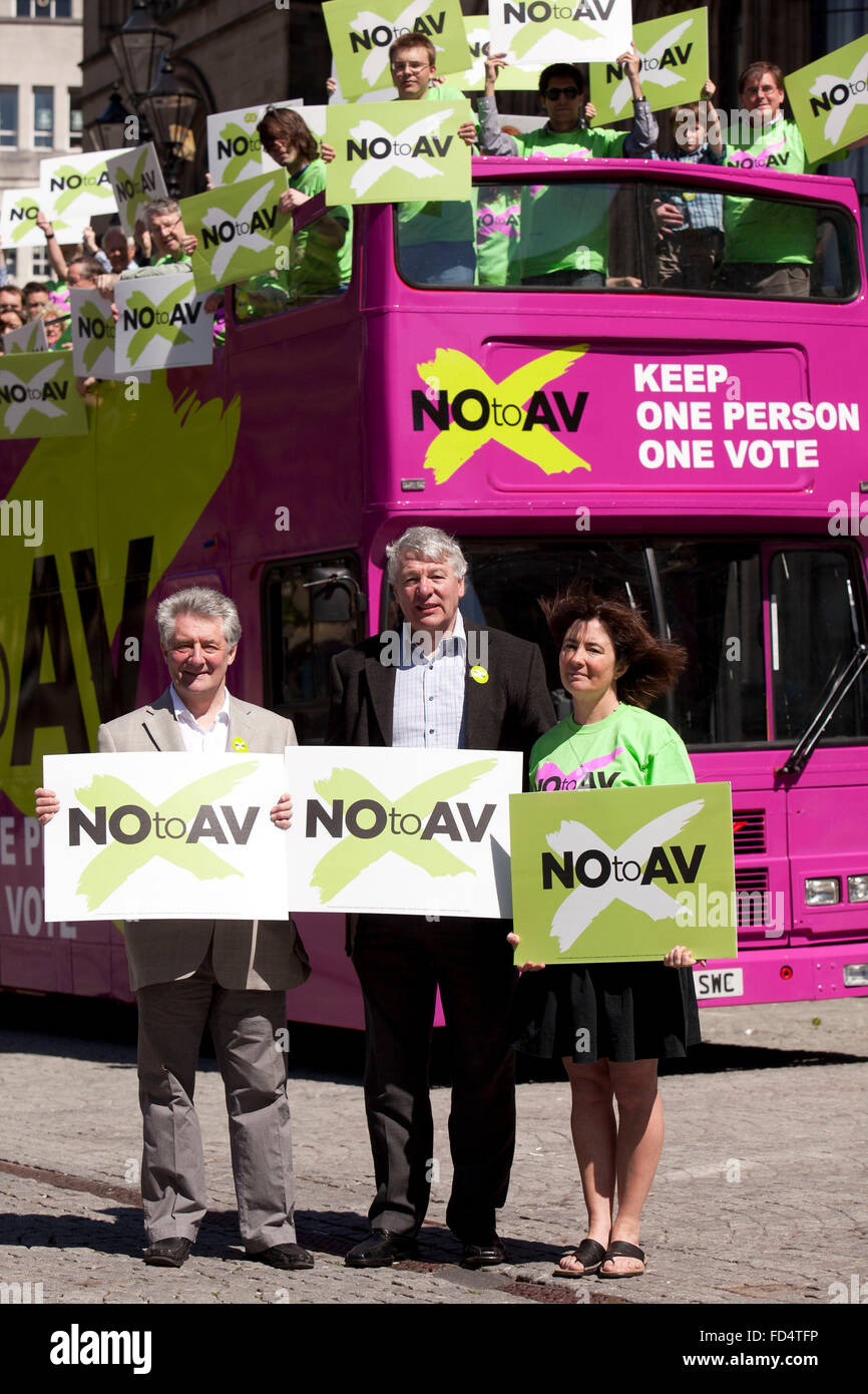 The No to AV campaign bus . L-R Tony Lloyd MP , Graham Stringer MP and ...