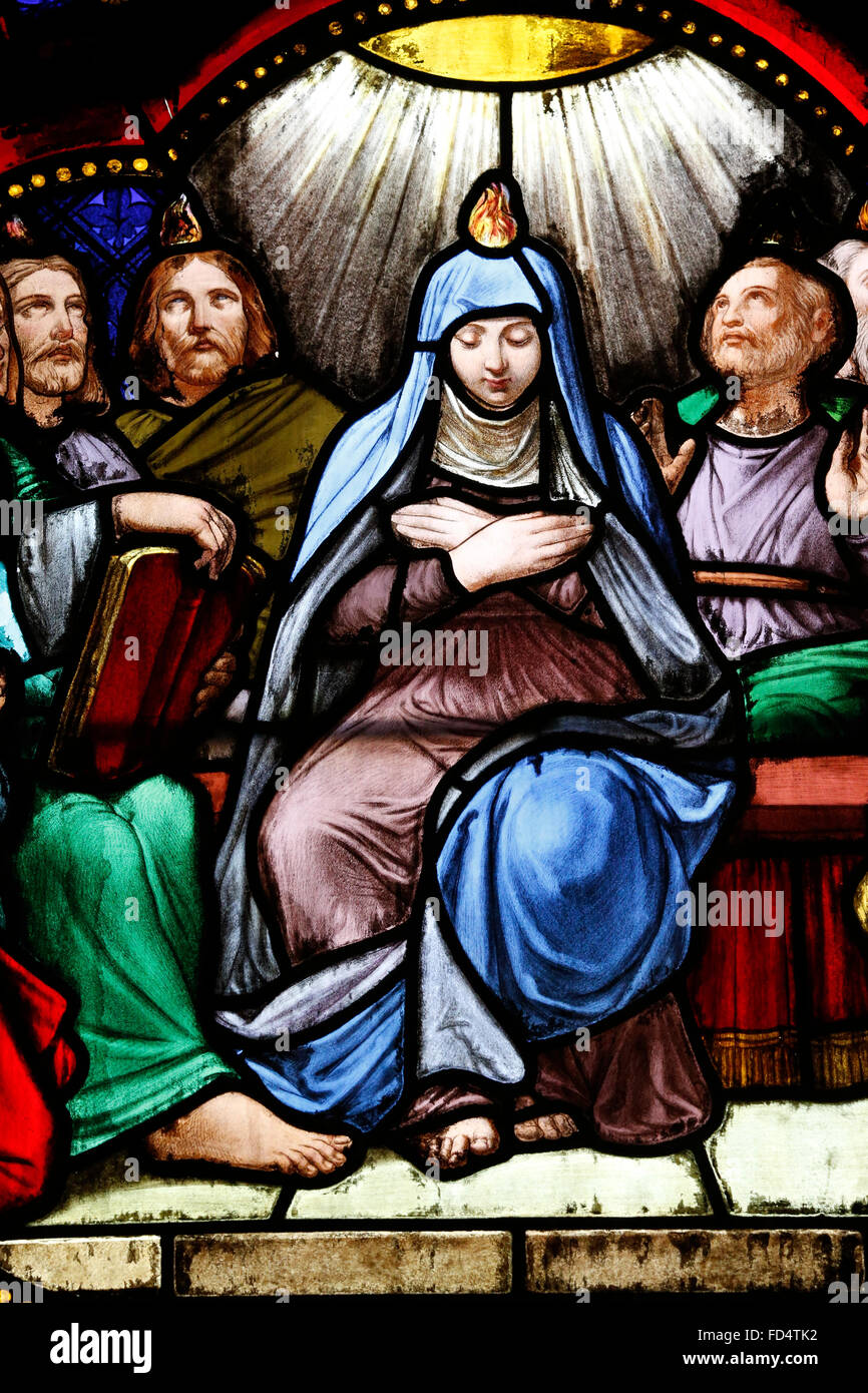 Sainte-Clotilde church. Virgin Mary and the apostles. Pentecost Stock ...