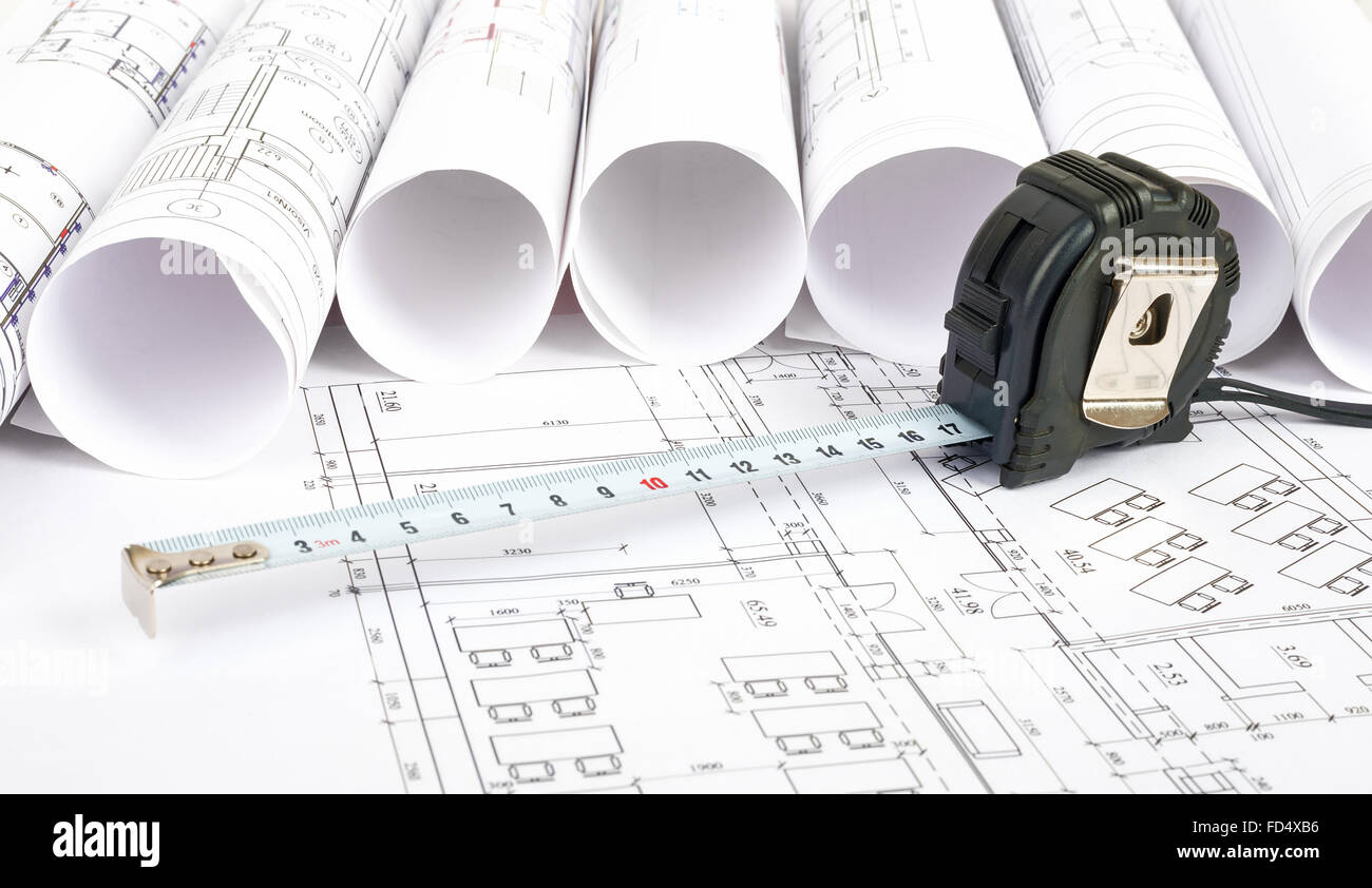 Tape measure on blueprint Stock Photo - Alamy
