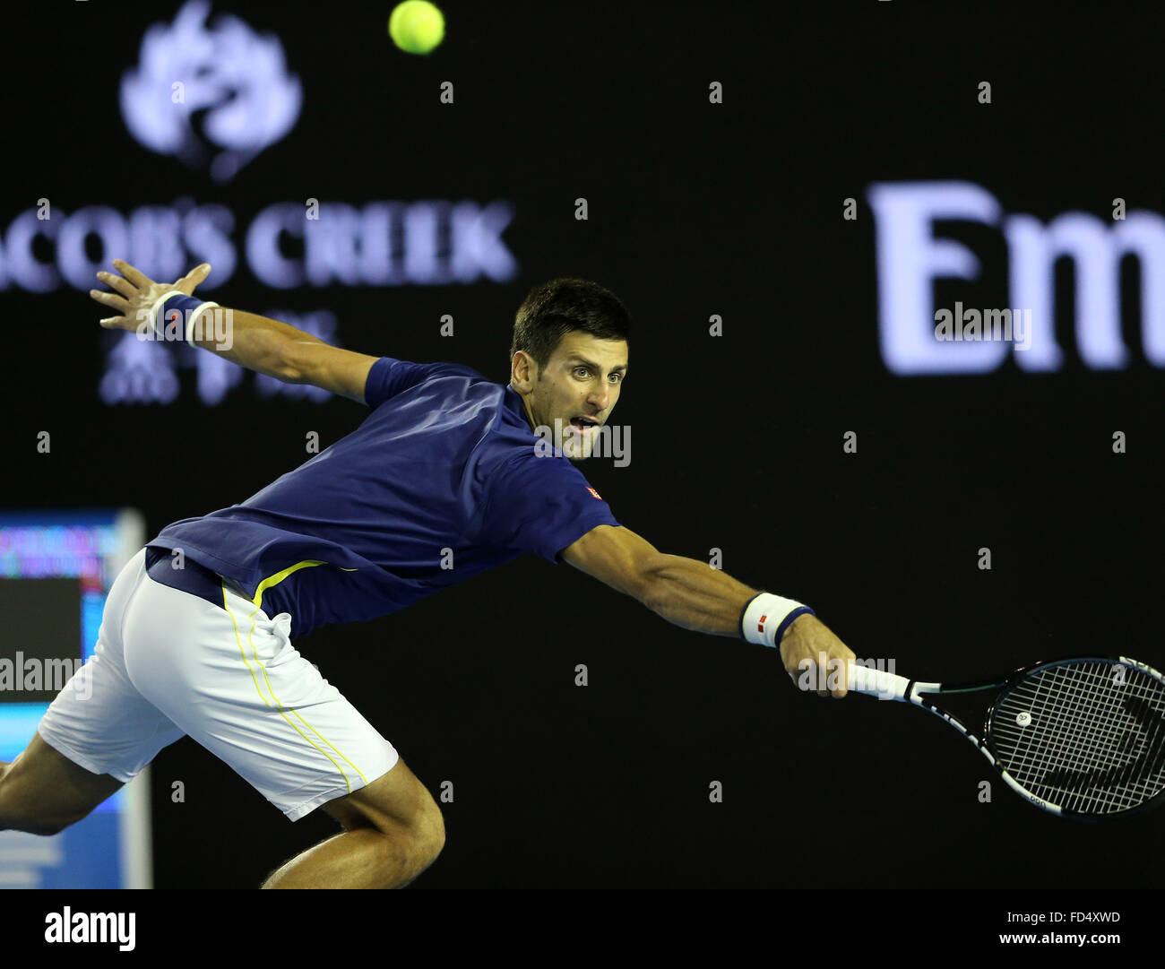 Melbourne, Australia. 28th Jan, 2016. Serbia's Novak Djokovic stretches ...
