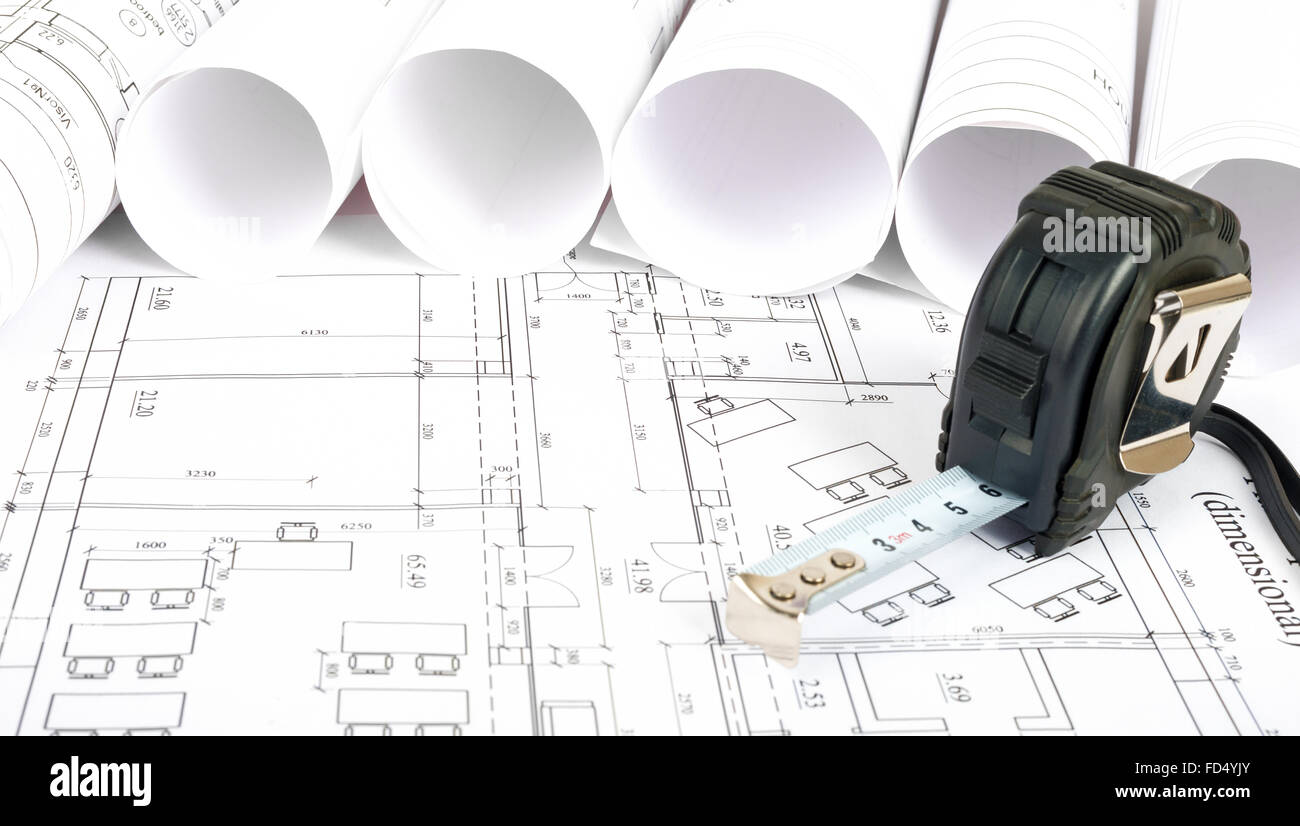 Tape measure on blueprint Stock Photo - Alamy
