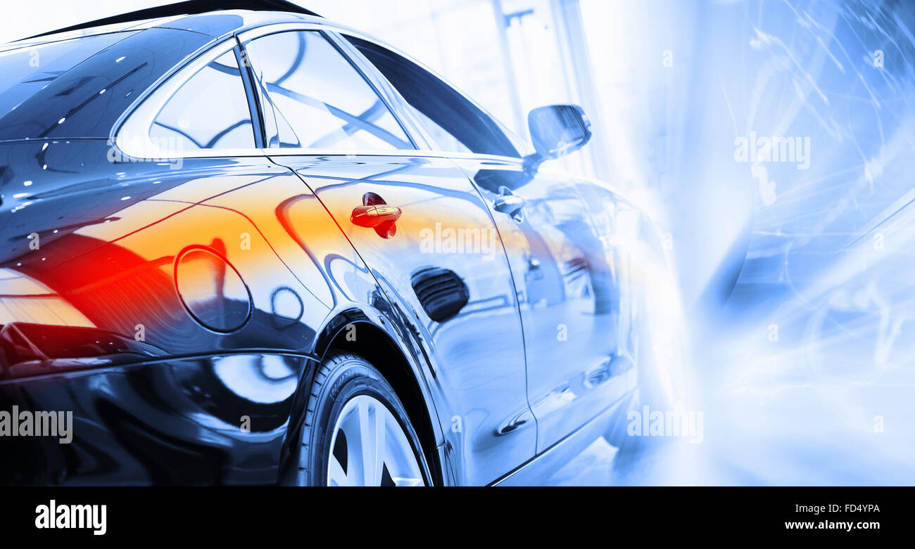 Back view of automobile in sales salon Stock Photo - Alamy