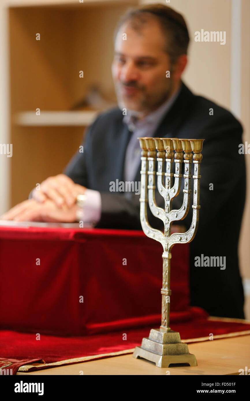 Synagogue. Menorah and Rabbi Stock Photo - Alamy