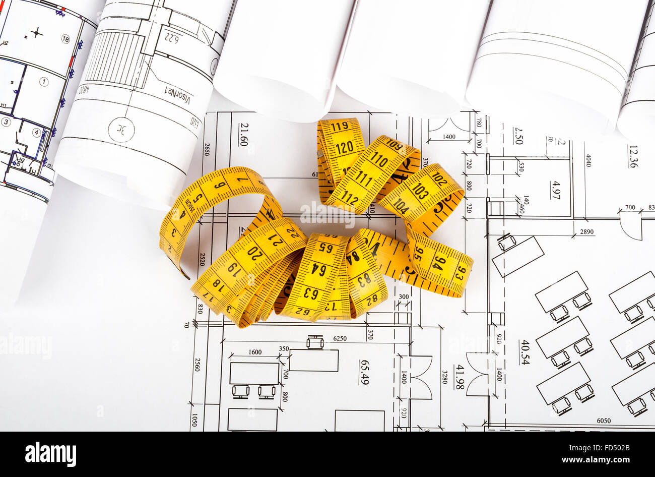Tape measure on blueprint Stock Photo - Alamy
