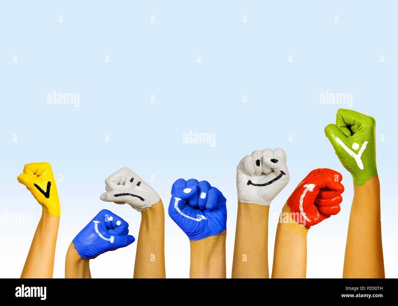 Image of human hands in colorful paint with smiles Stock Photo - Alamy
