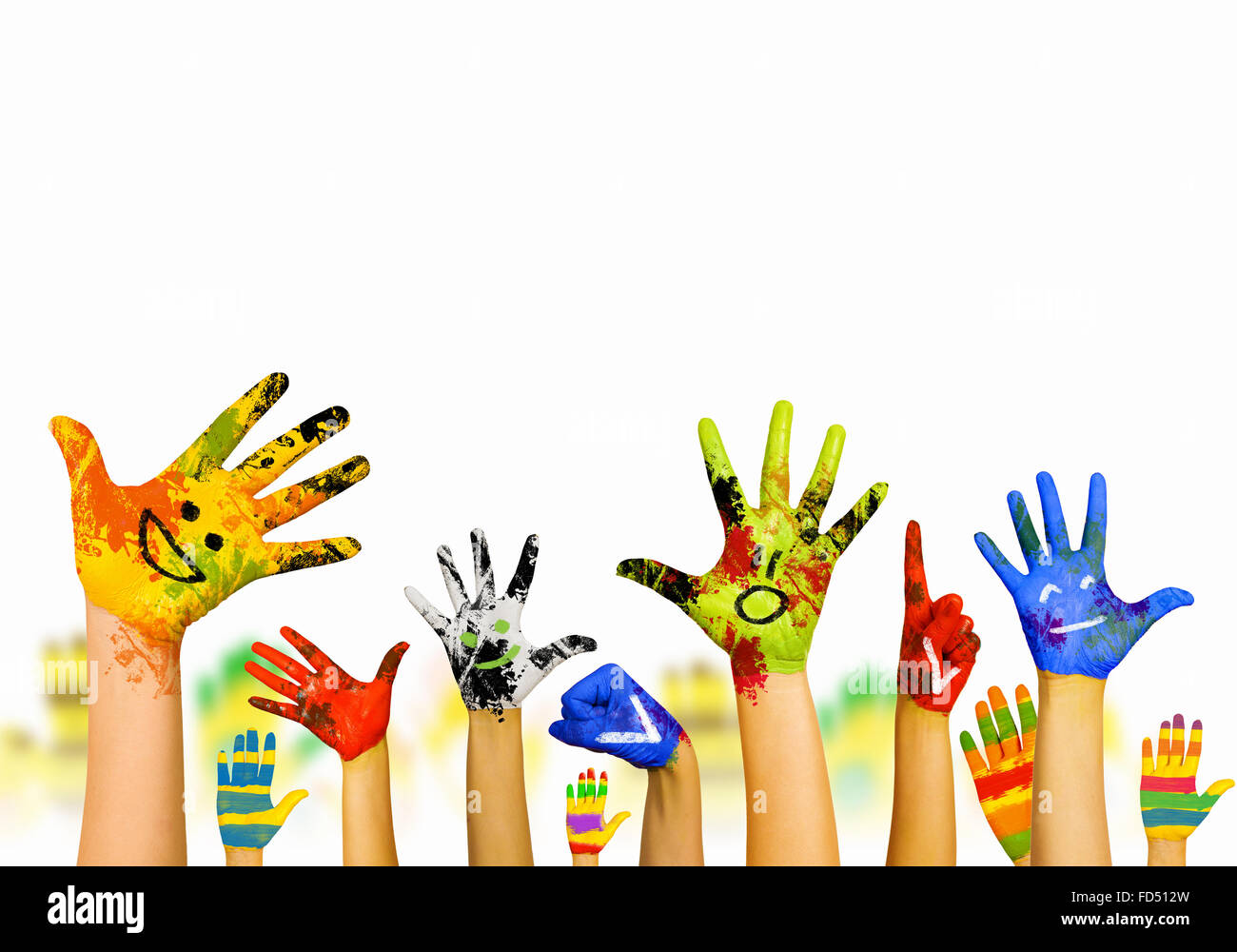 Image of human hands in colorful paint with smiles Stock Photo - Alamy