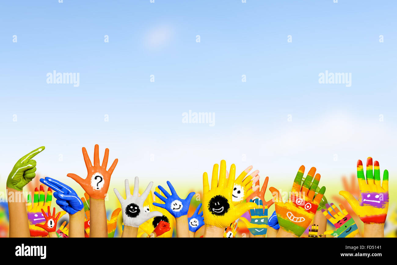 Image of human hands in colorful paint with smiles Stock Photo - Alamy