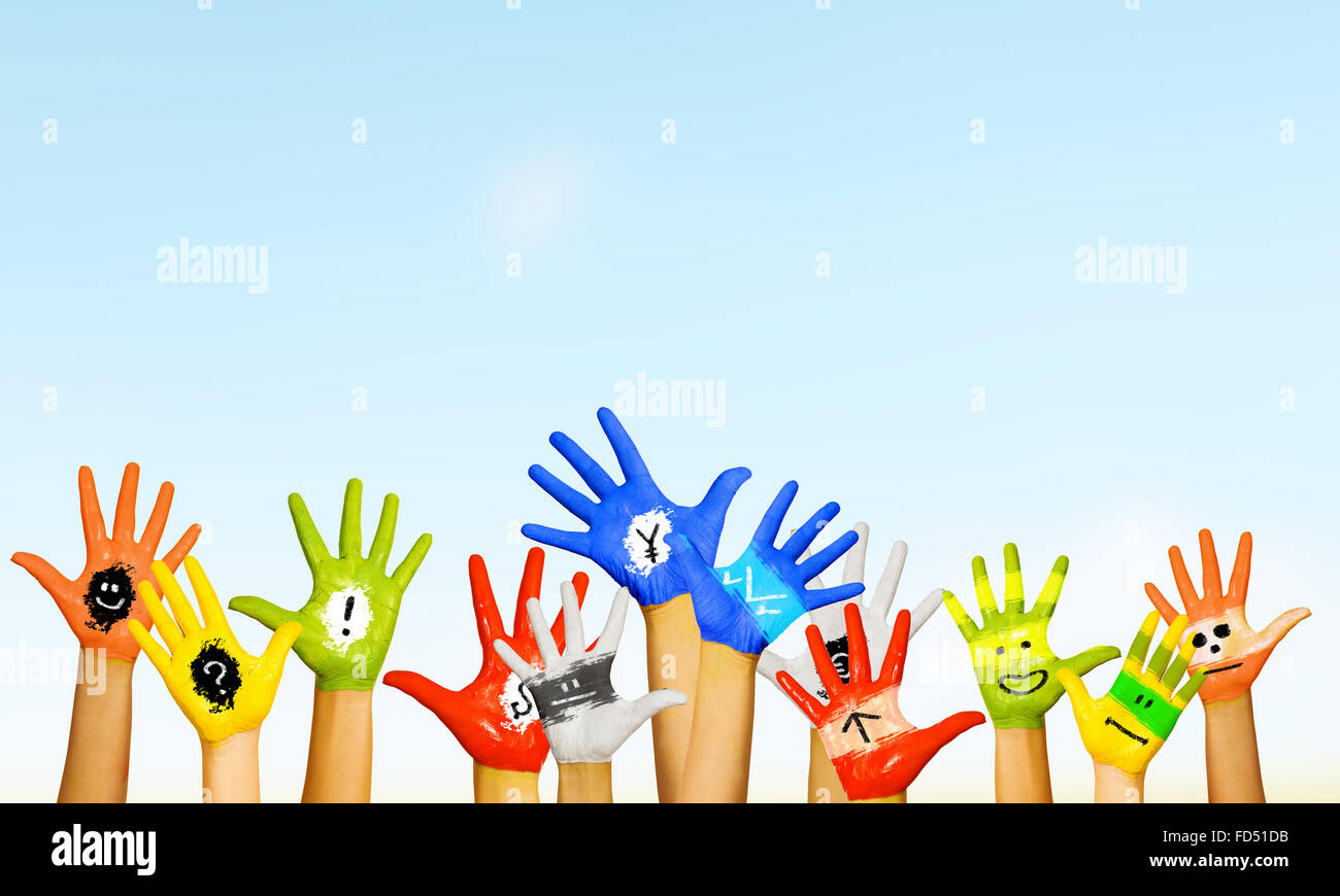 Image of human hands in colorful paint with smiles Stock Photo - Alamy