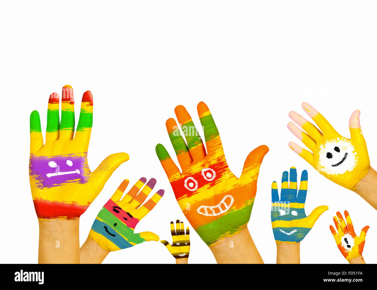 Image of human hands in colorful paint with smiles Stock Photo - Alamy