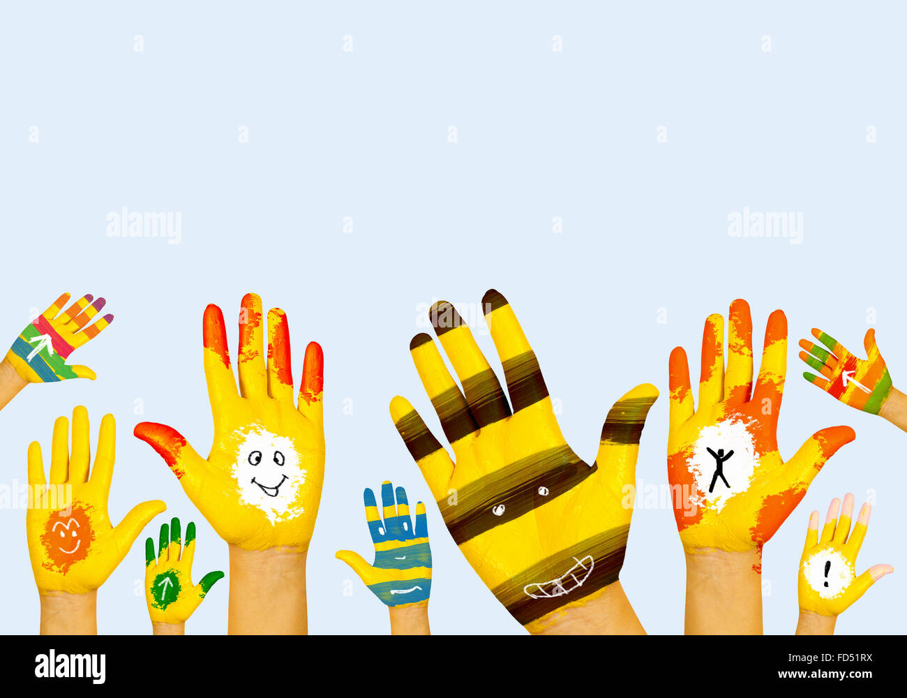 Image of human hands in colorful paint with smiles Stock Photo - Alamy