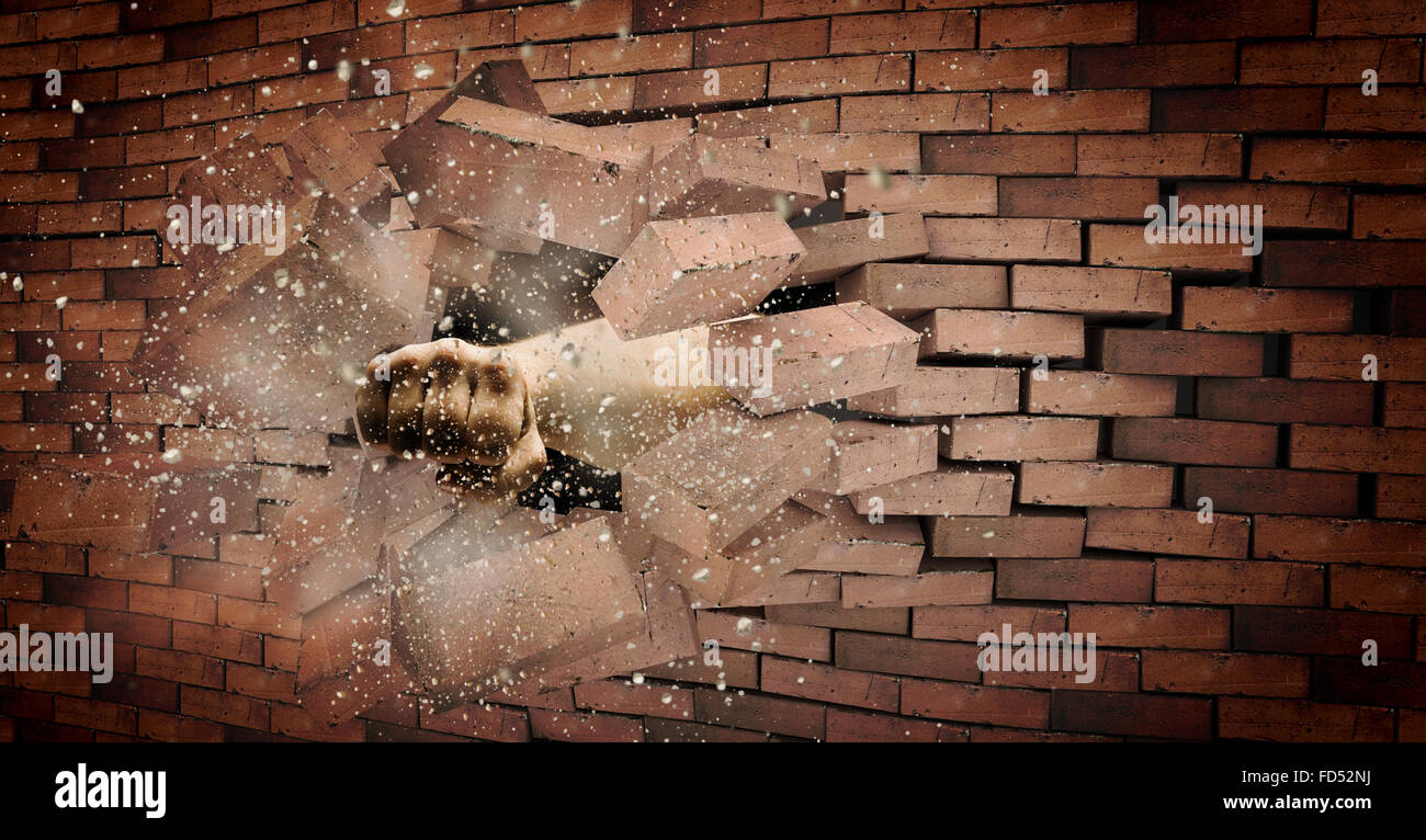 Human hand breaking brick wall. Strength and power Stock Photo - Alamy