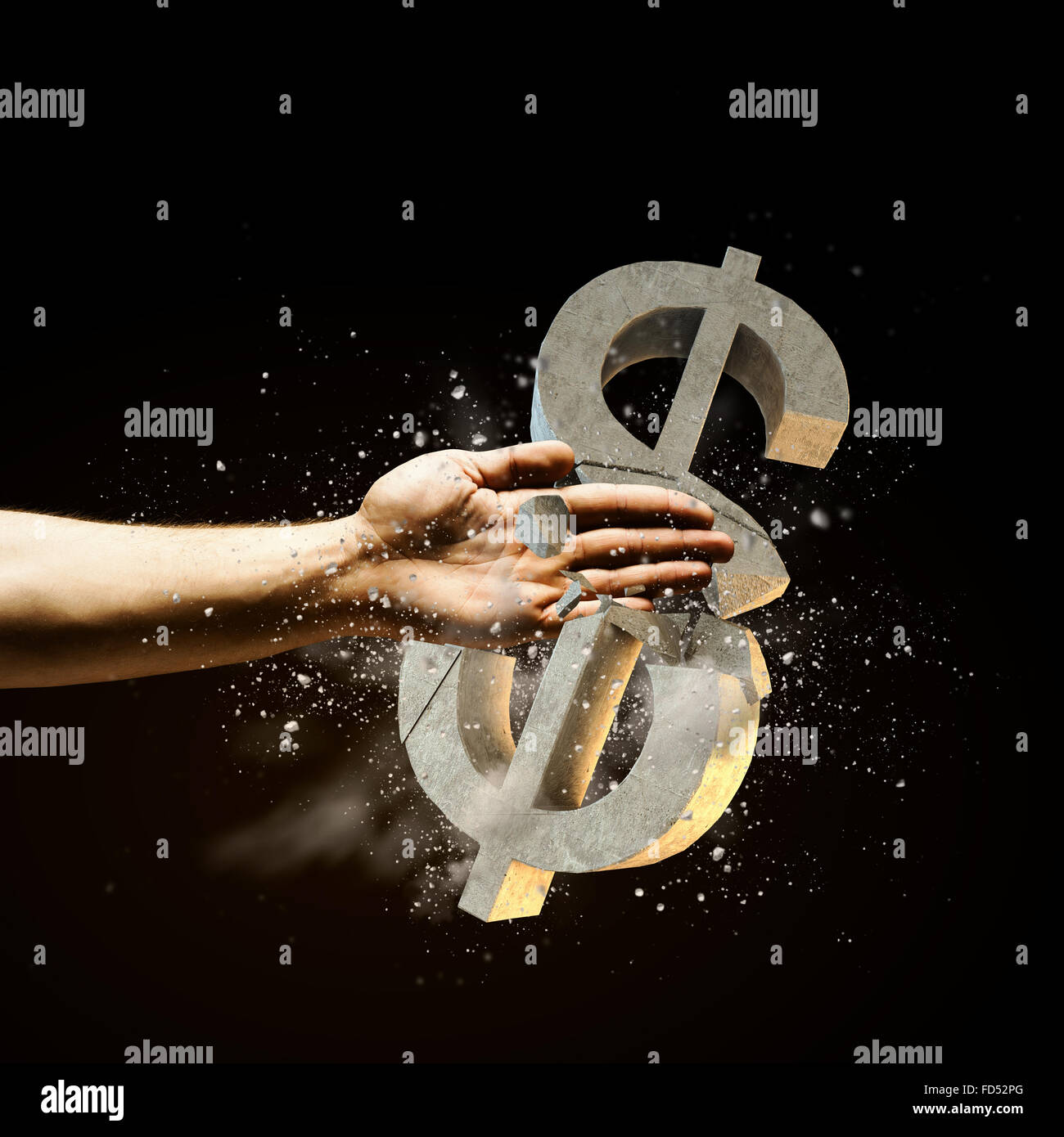 Close up image of human hand breaking dollar stone symbol Stock Photo ...