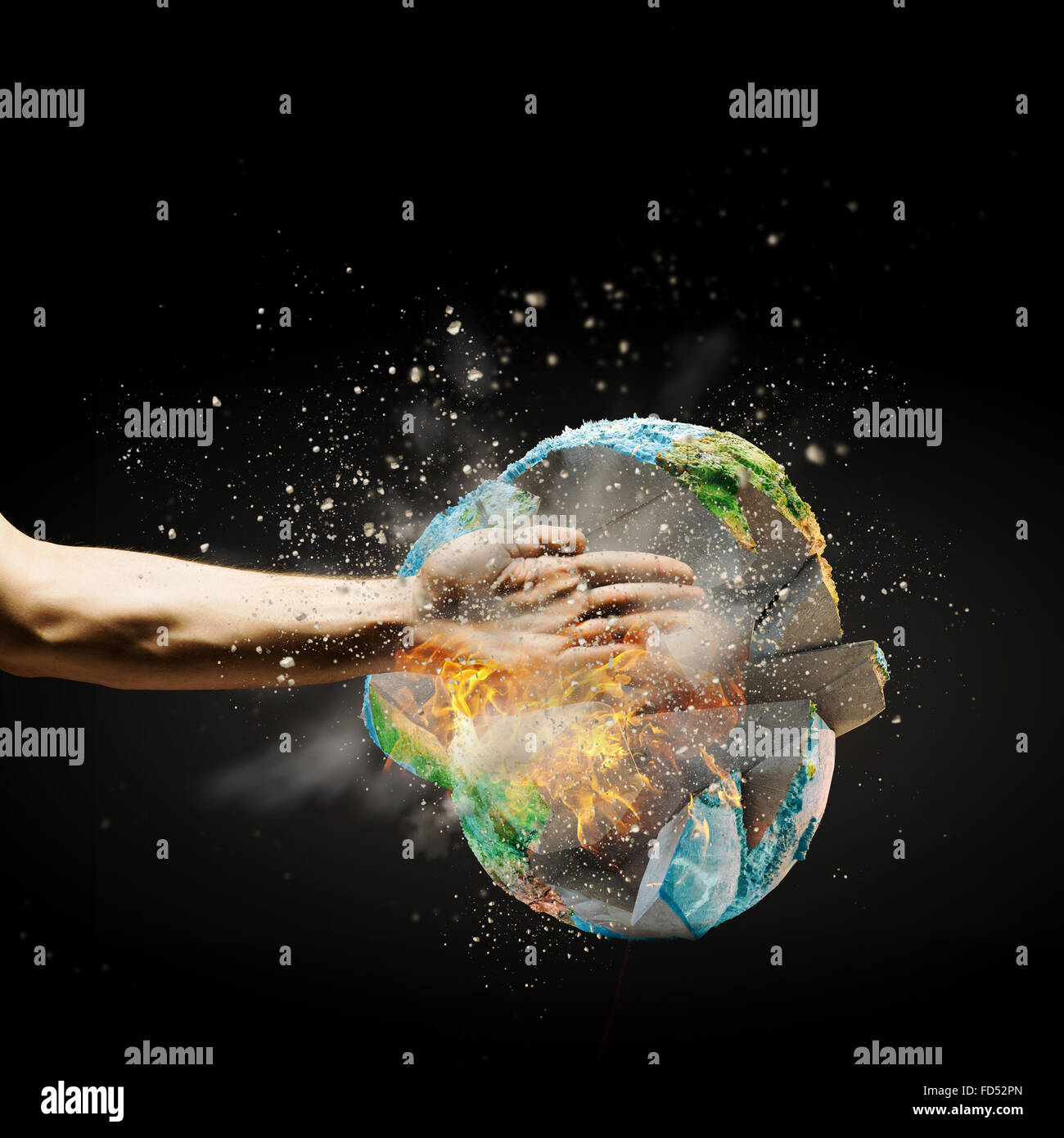 Close up image of human hand breaking earth planet Stock Photo - Alamy