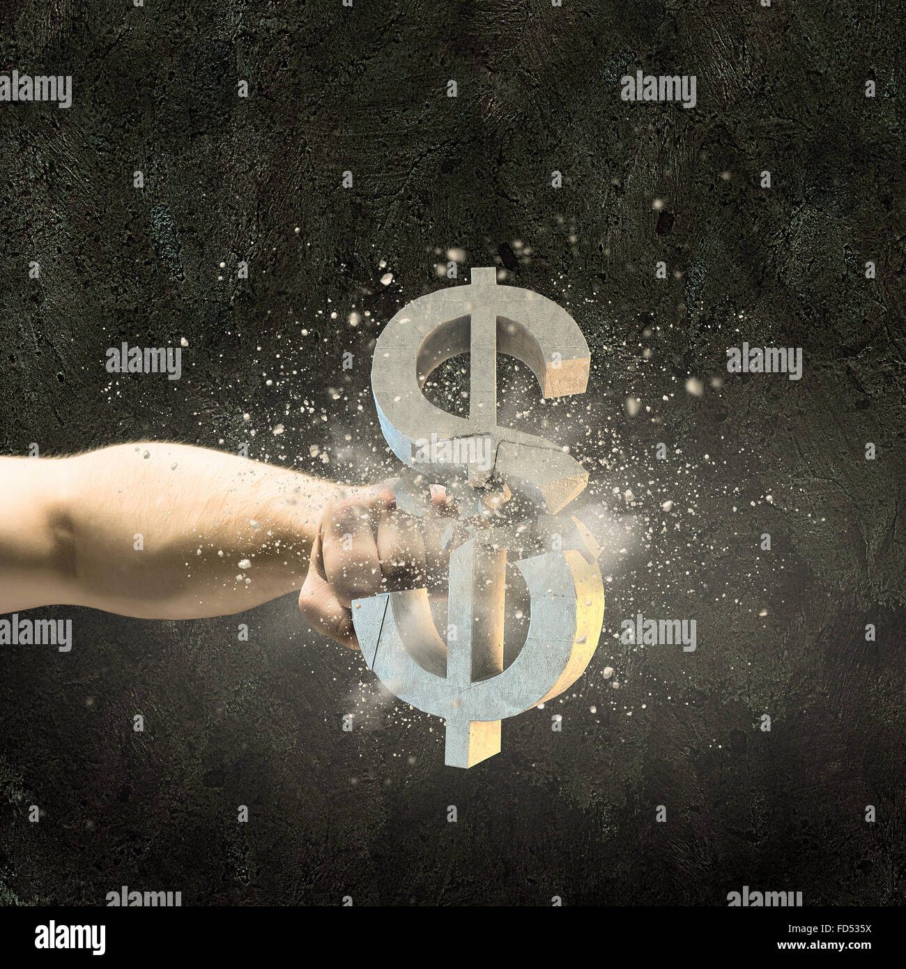 Close up image of human hand breaking dollar stone symbol Stock Photo ...