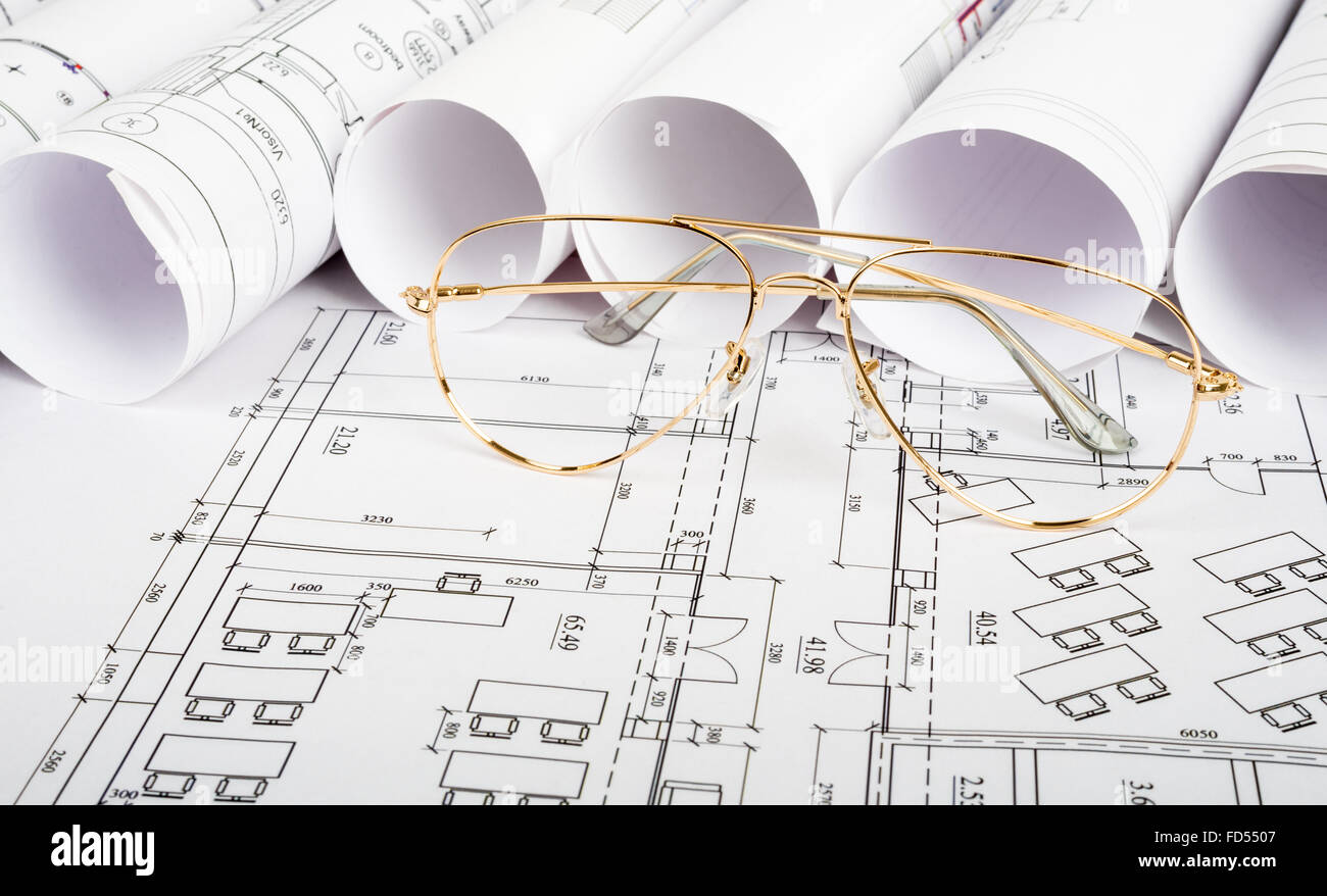 Glasses on blueprint Stock Photo - Alamy