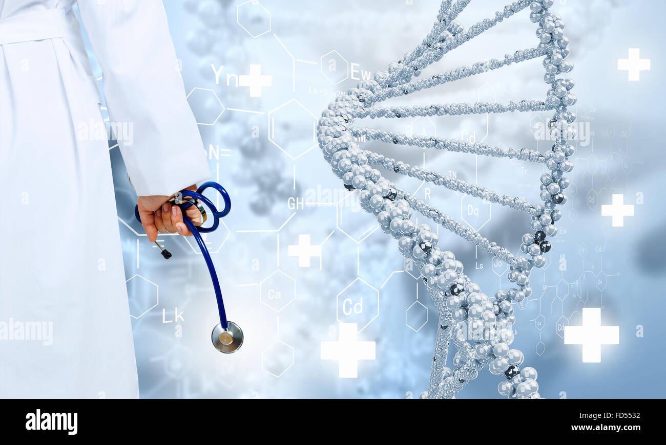 Human hand with stethoscope against media background with dna ...