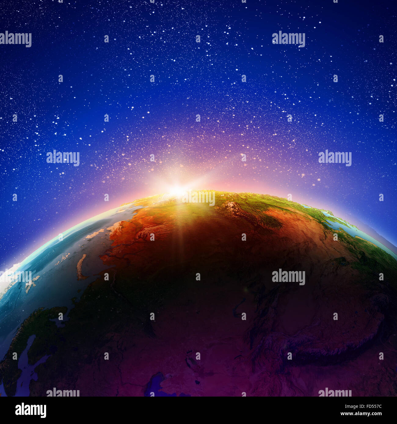 Sun rising above Earth planet. Conceptual photo. Elements of this image ...