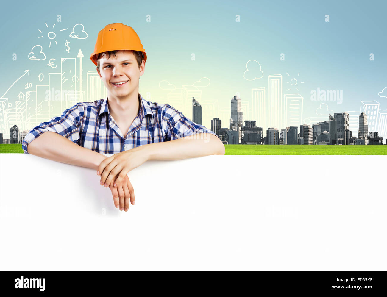 Image of man engineer in helmet with blank banner Stock Photo - Alamy
