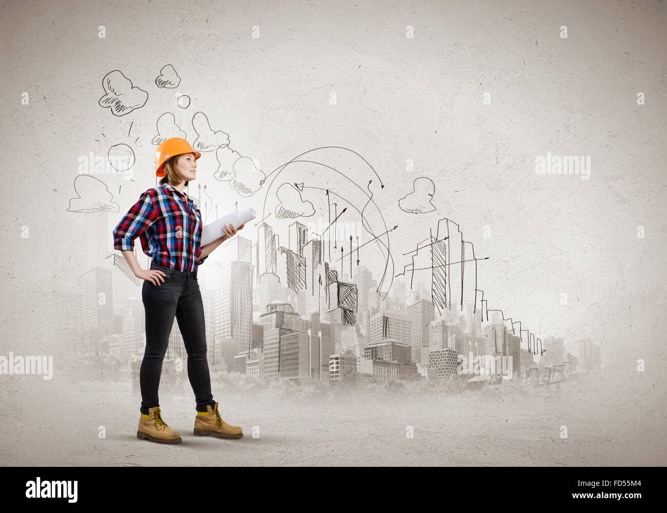 Image of young woman engineer with project against sketch background ...
