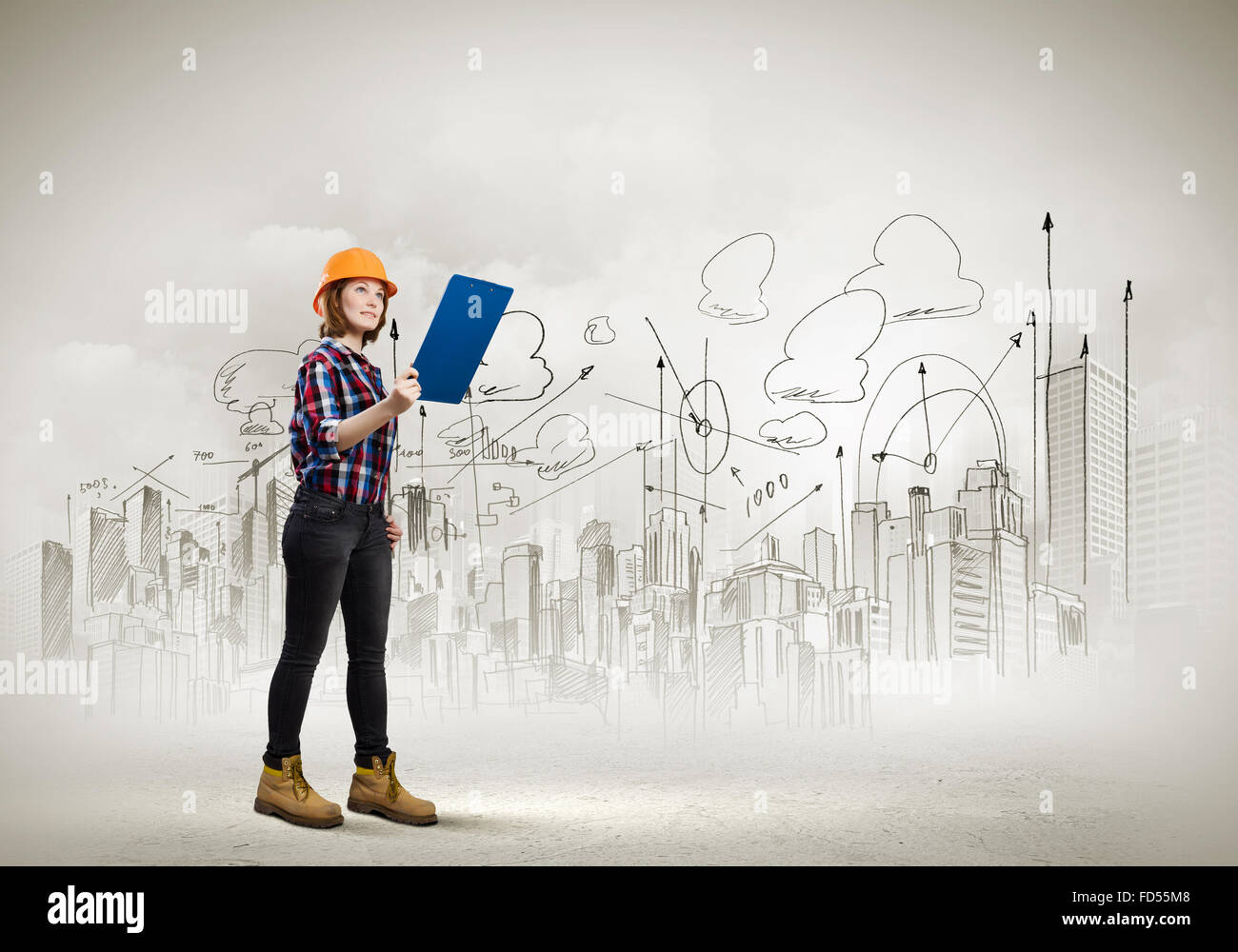 Image of young woman engineer with project against sketch background ...