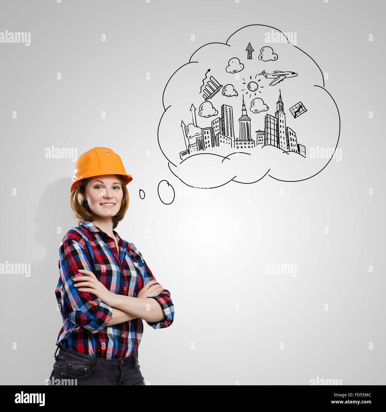 Image of young woman engineer against sketch background Stock Photo - Alamy