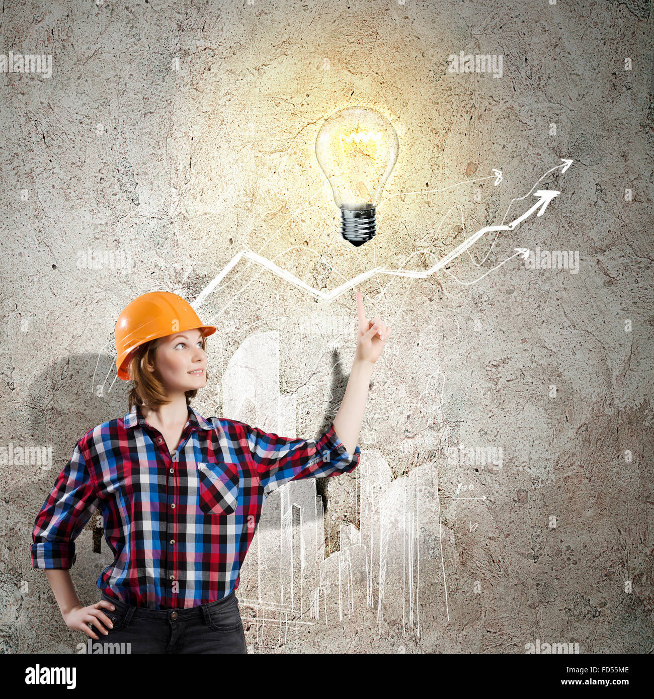 Image of woman engineer against sketch strategy background Stock Photo ...