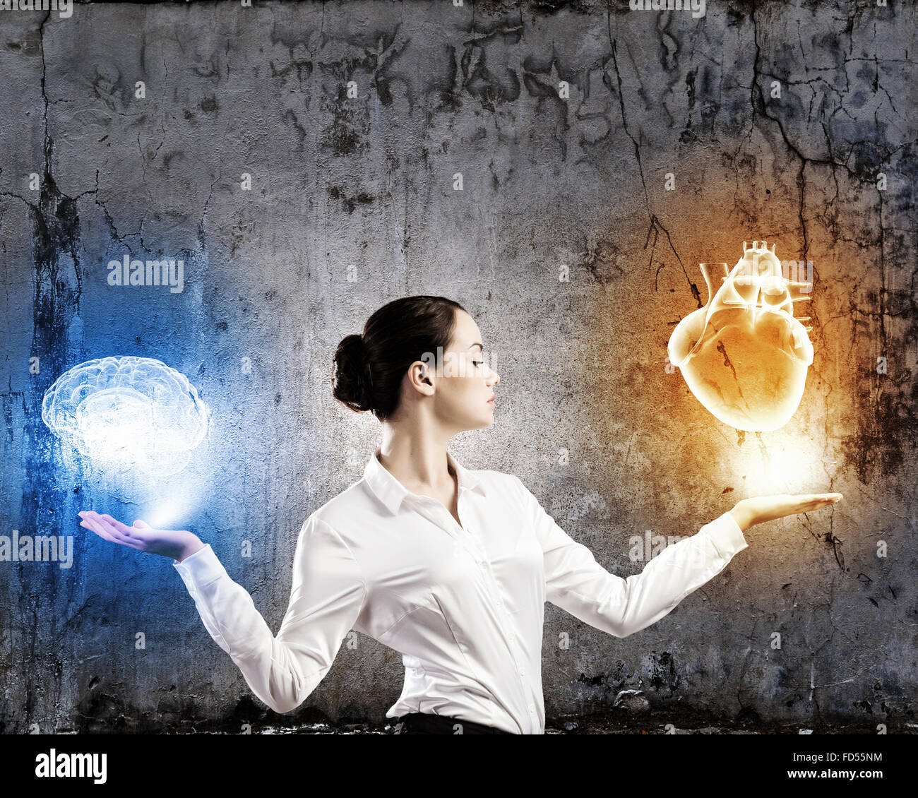 Image of businesswoman balancing with items in palms Stock Photo - Alamy